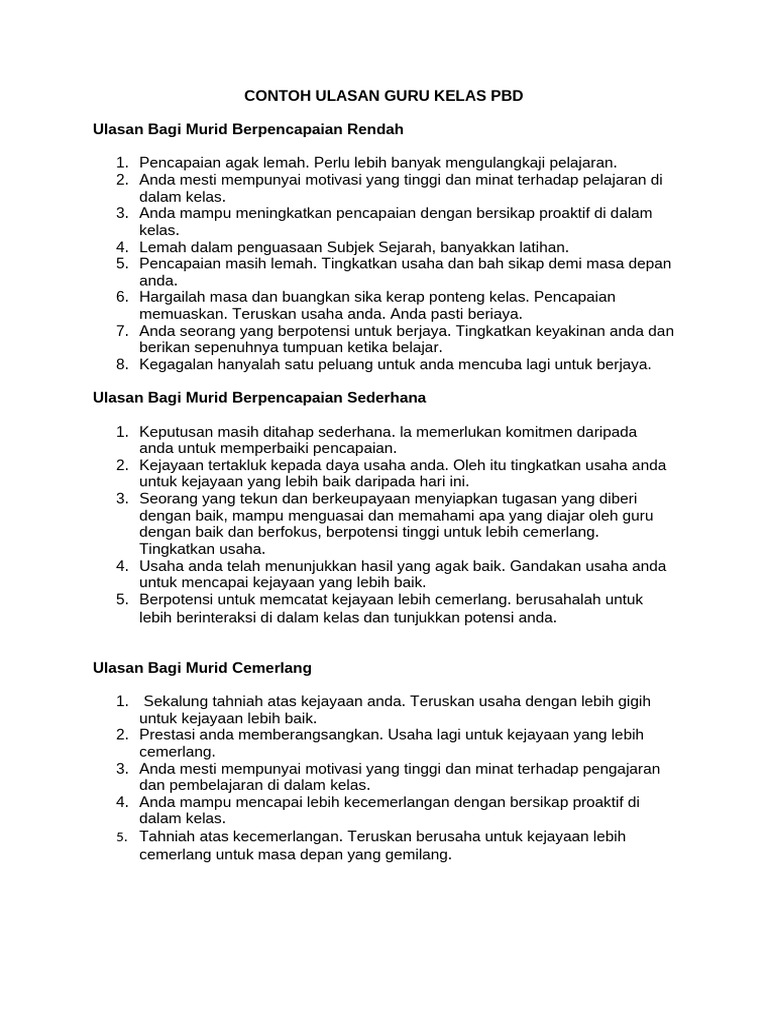 Contoh Ulasan Guru Kelas PBD | PDF