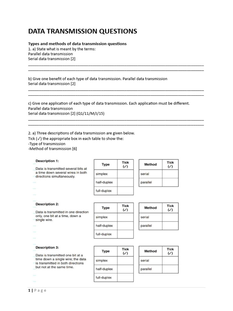 Data Transmission Questions | PDF | Error Detection And Correction | Duplex (Telecommunications)