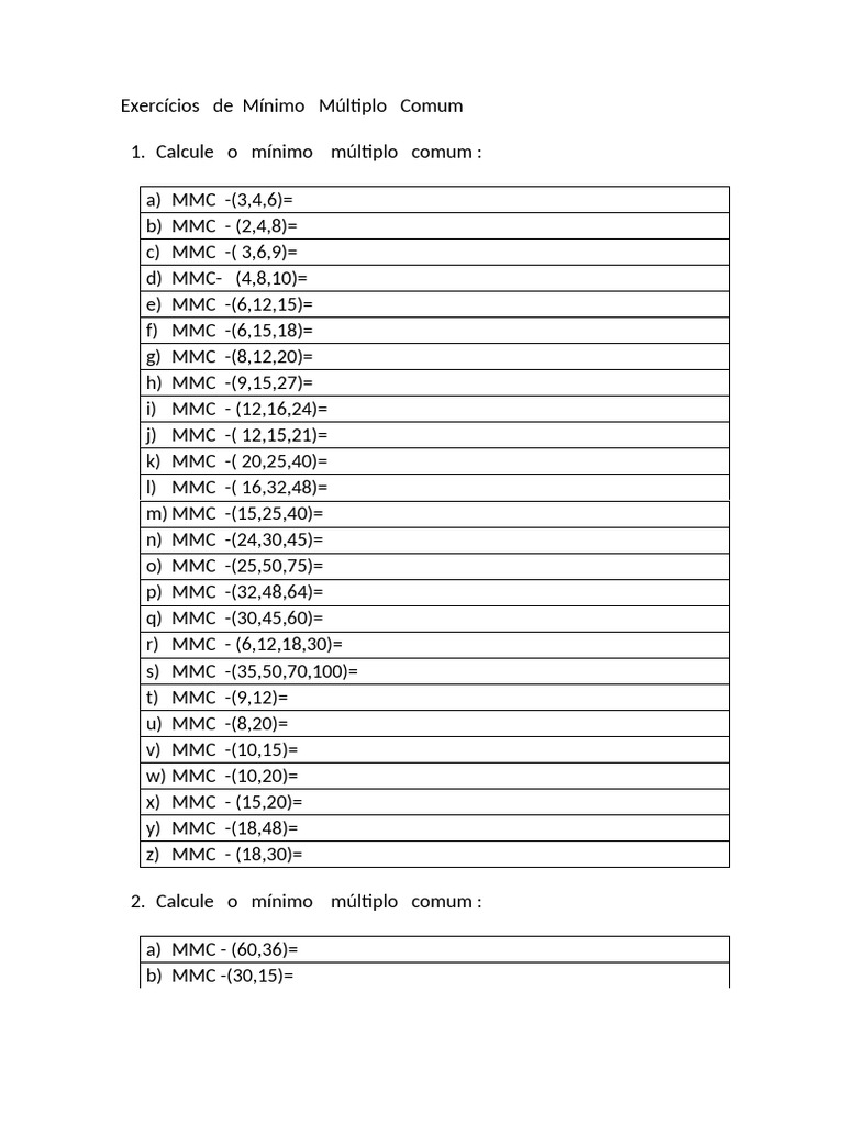 Exercícios de Mínimo Múltiplo Comum (Certo para Imprimir) | PDF