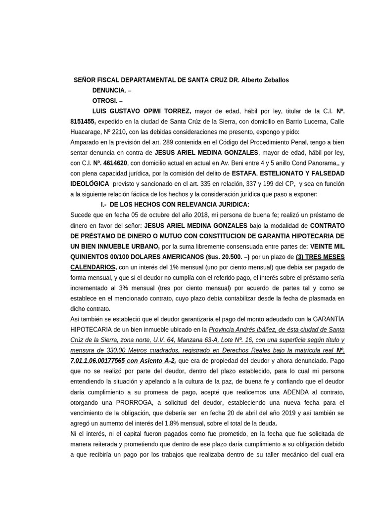 Denuncia Estafa y Estelionato - Luis Gustavo Opimi | PDF | Intención ...