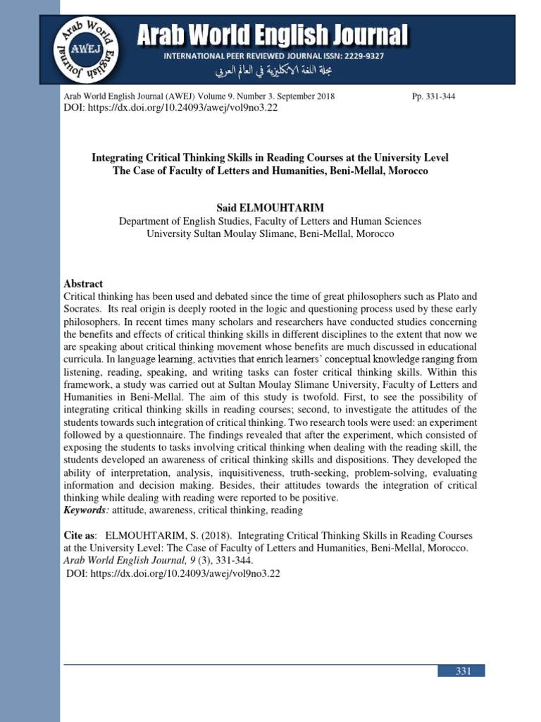 Integrating Critical Thinking Skills in | PDF | Critical Thinking | Reading Comprehension