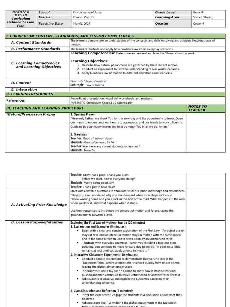 Newtons Law of Motion Lesson Plan | PDF | Force | Newton's Laws Of Motion