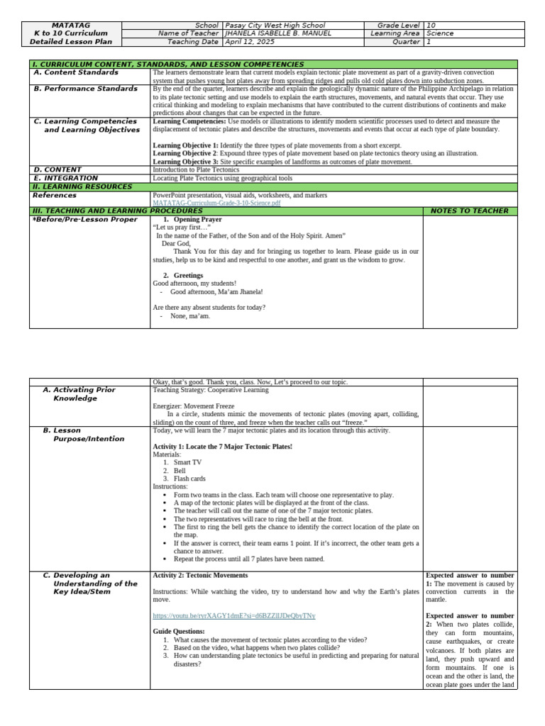 Lesson Plan Demo Teaching TTL 2 | PDF | Plate Tectonics | Volcano