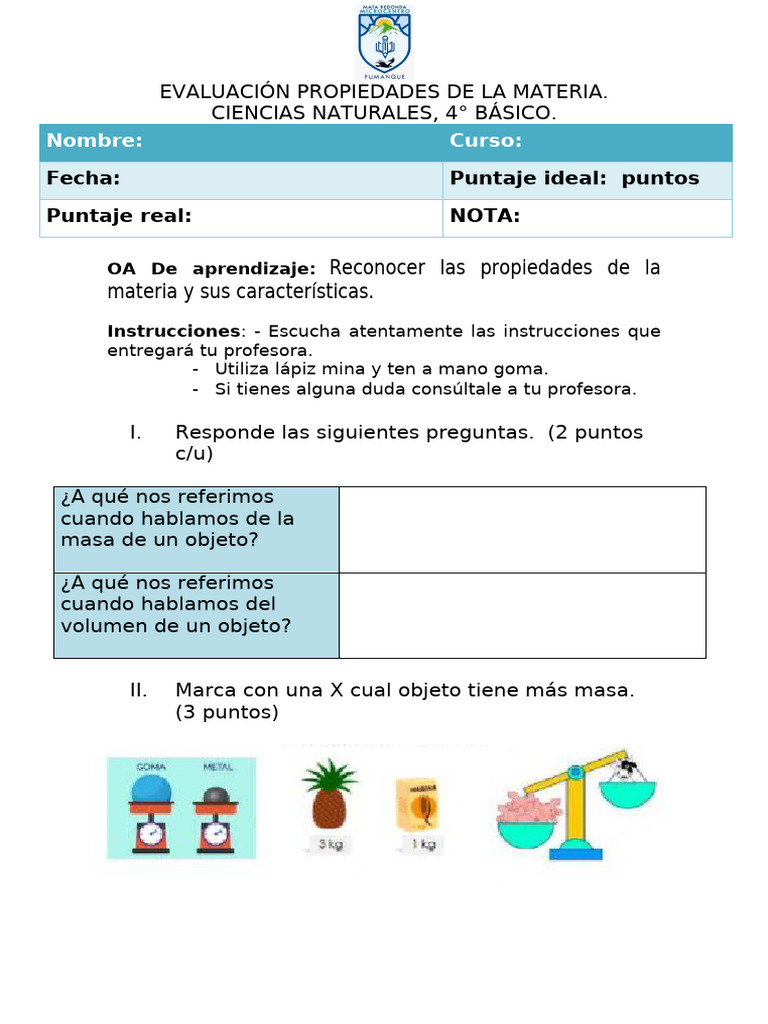 Evaluación de Propiedades de la Materia | PDF
