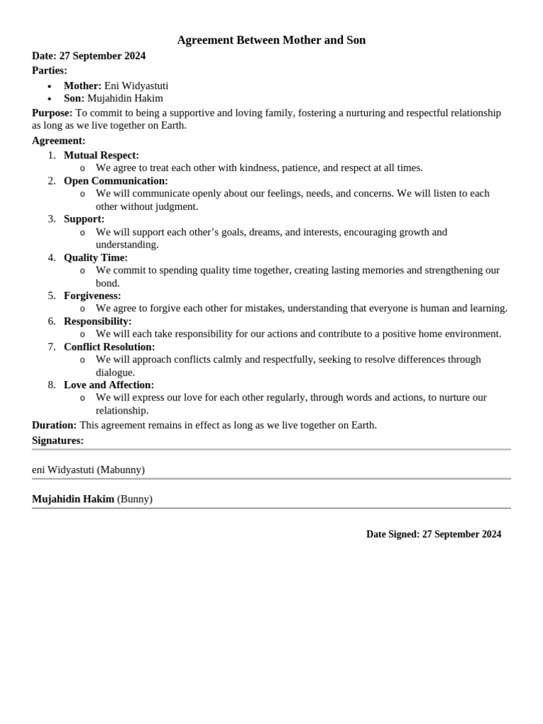 Agreement Between Mother and Son | PDF