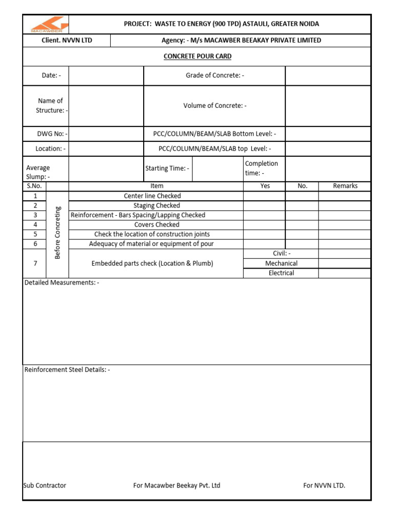 Concrete Pour Card PCC & RCC Work | PDF