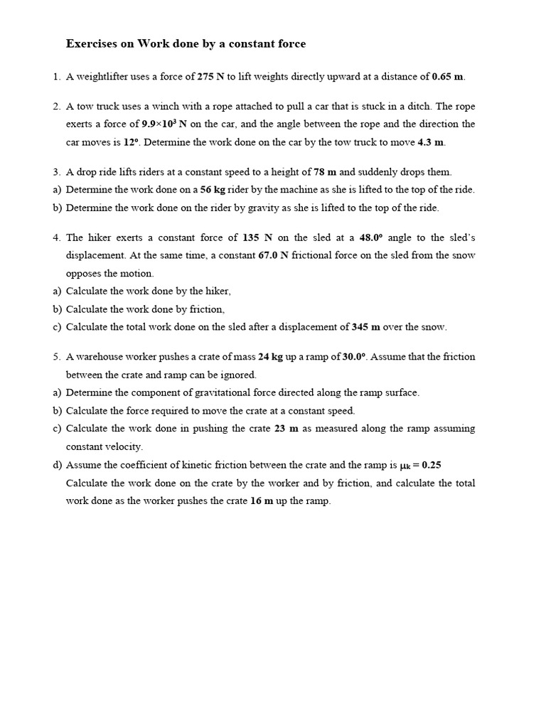 Work Done by Constant Force Exercises | PDF