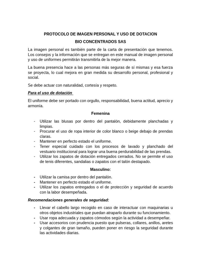 Procolo de Imagen Personal y Uso de Dotacion | PDF | Ropa | Apariencia humana