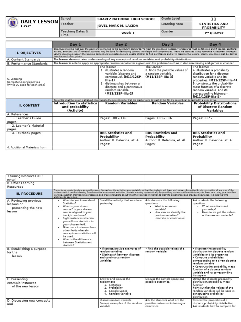 Statistics and Probability Week 1 DLL | PDF | Probability Distribution | Random Variable