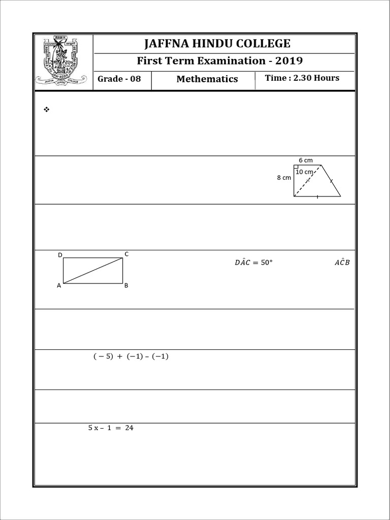 2019 Grade 08 Maths First Term Paper English Medium Jaffna Hindu ...