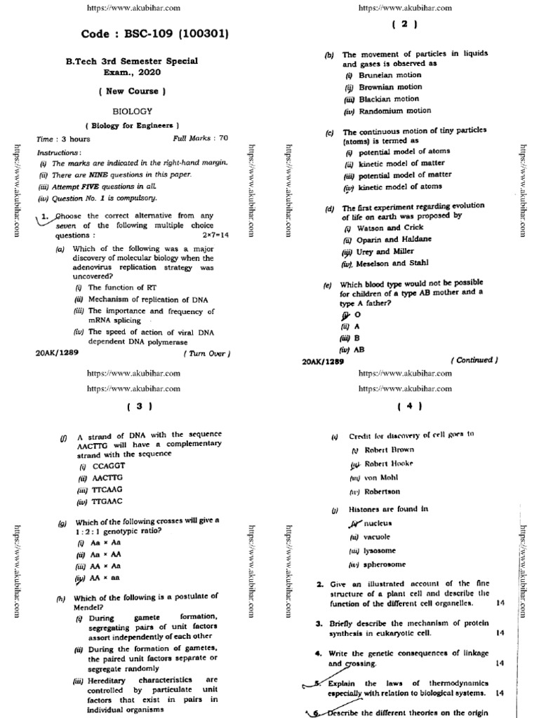 btech-3-sem-biology-100301-2020 | PDF