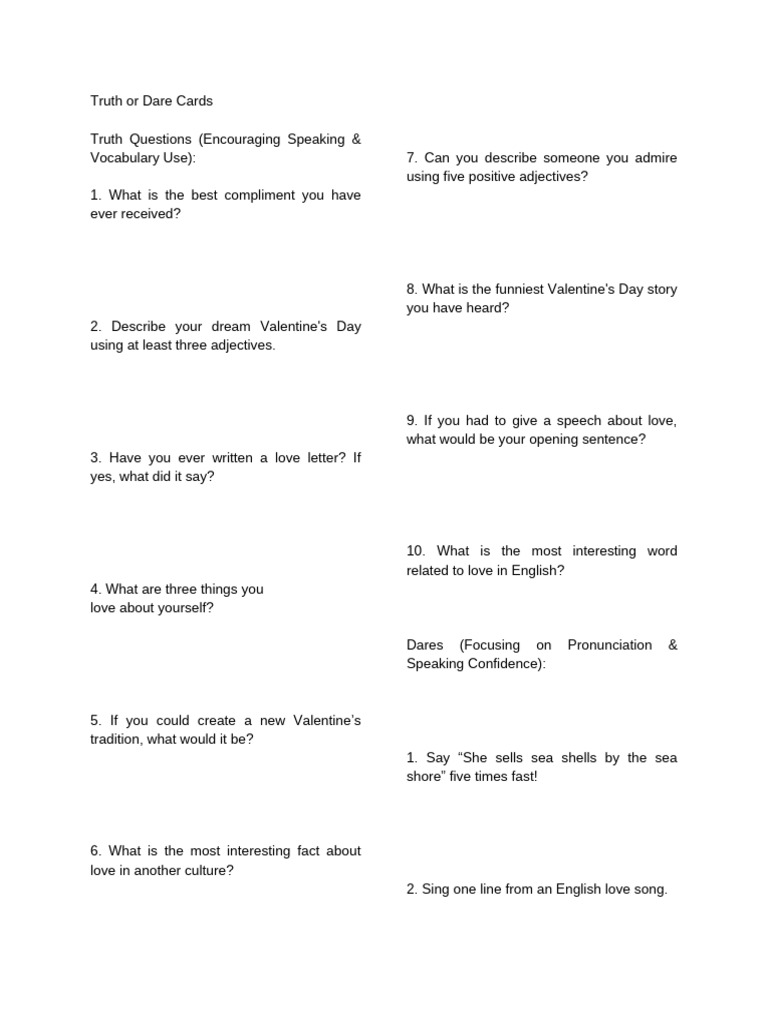 Valentine's Day Truth or Dare Cards | PDF | English Language | Linguistics
