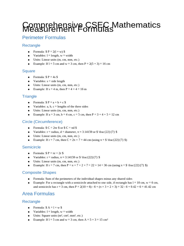 # Comprehensive CSEC Mathematics Measurement Formulas - ## Perime | PDF | Area | Length