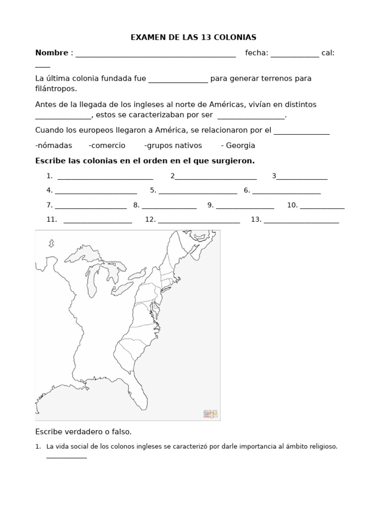 Examen de Las 13 Colonias | PDF