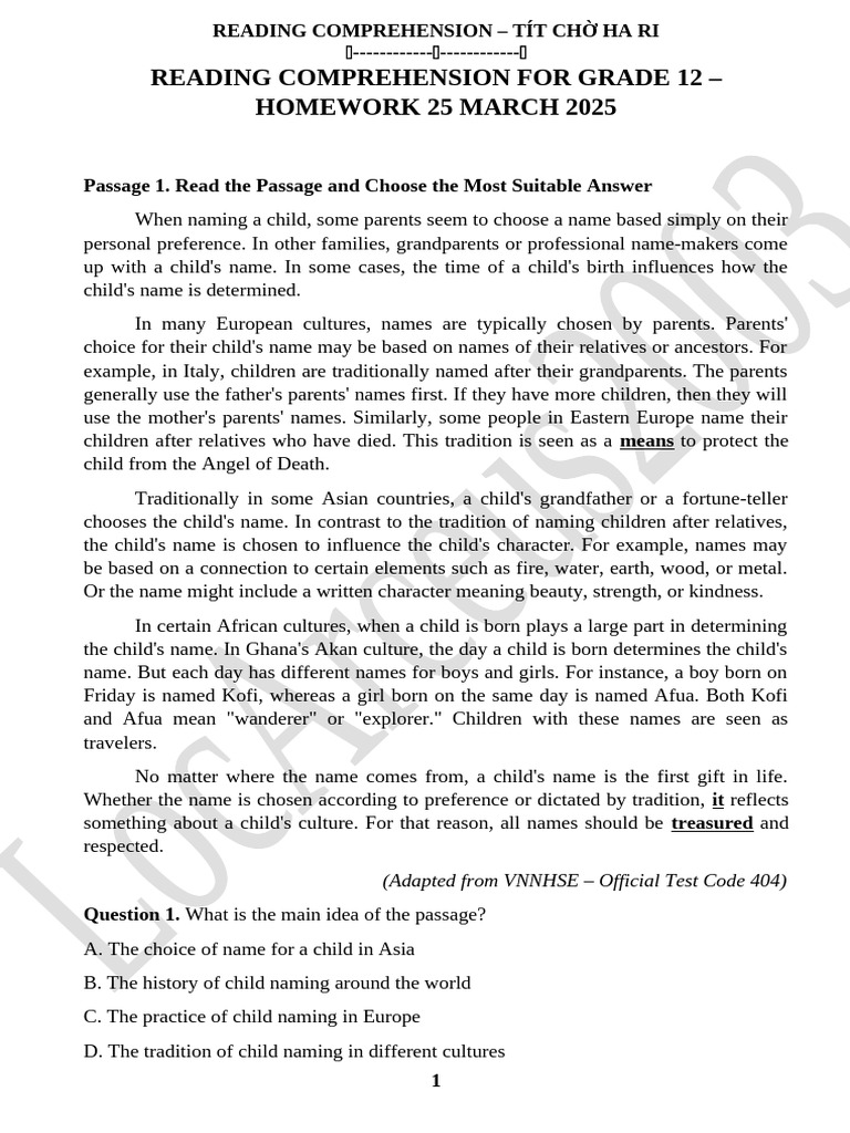 L P 12 - Reading Comprehension - Homework - 25 March 2025 | PDF ...