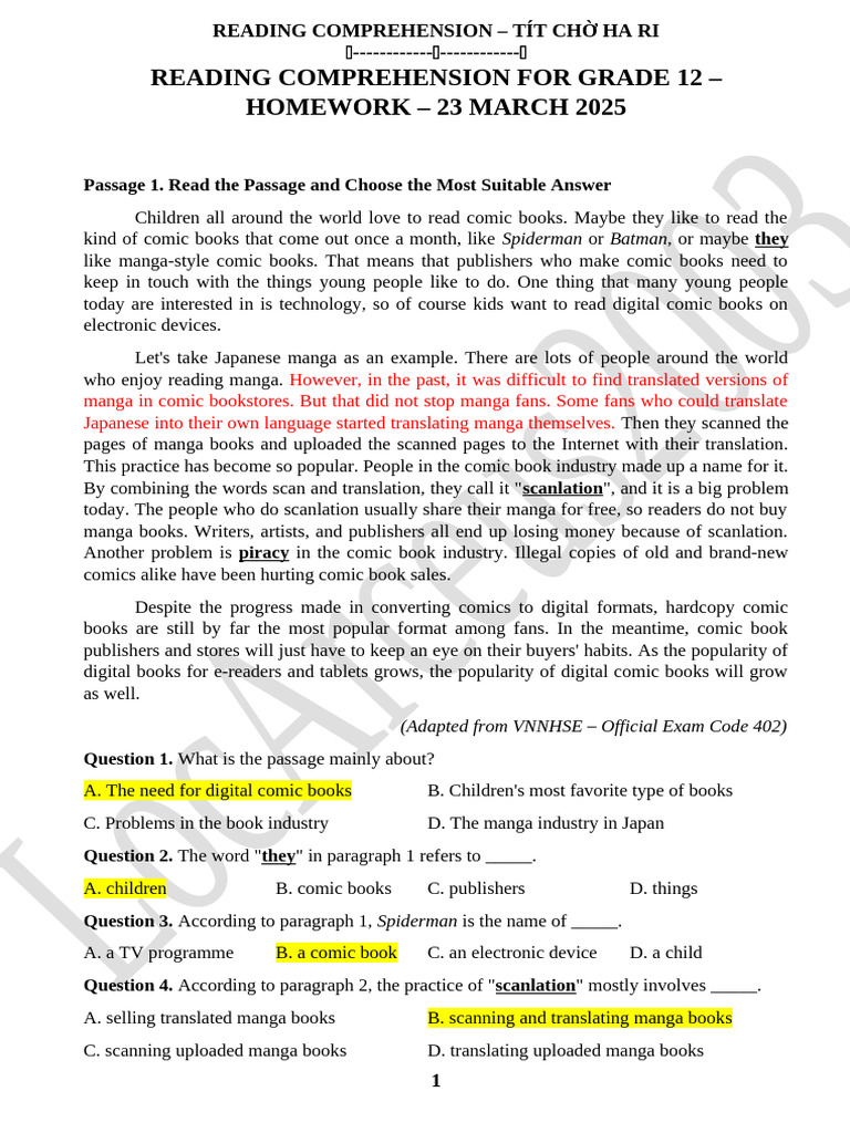 L P 12 - Reading Comprehension - Homework - 23 March 2025 | PDF ...