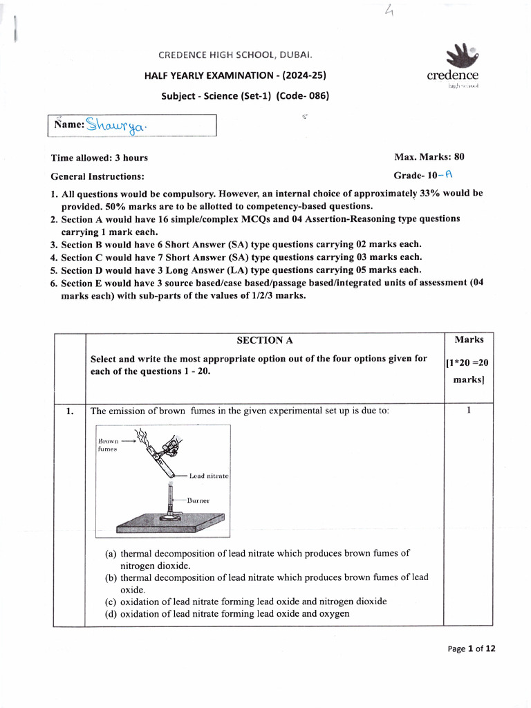 Science Set - 01 Hye 2024-25 | PDF
