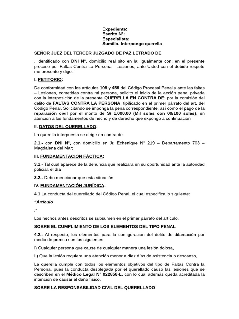 Modelo Escrito Querella | PDF | Queja | Justicia