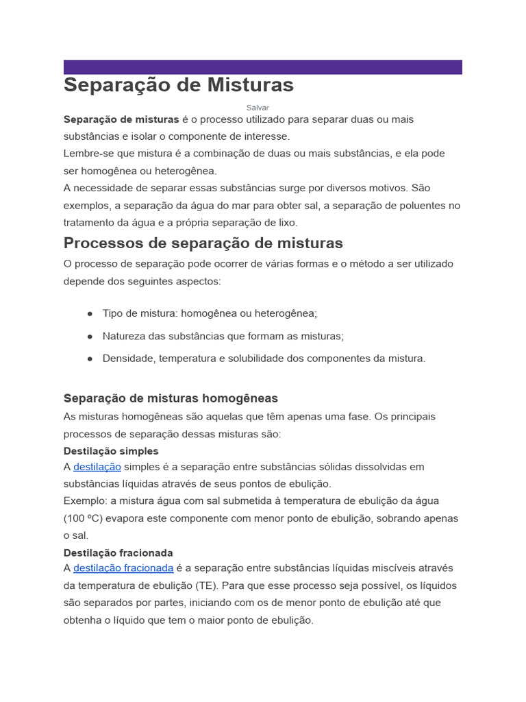 Separação de Misturas 1 Ano | PDF | Mistura | Substancias químicas