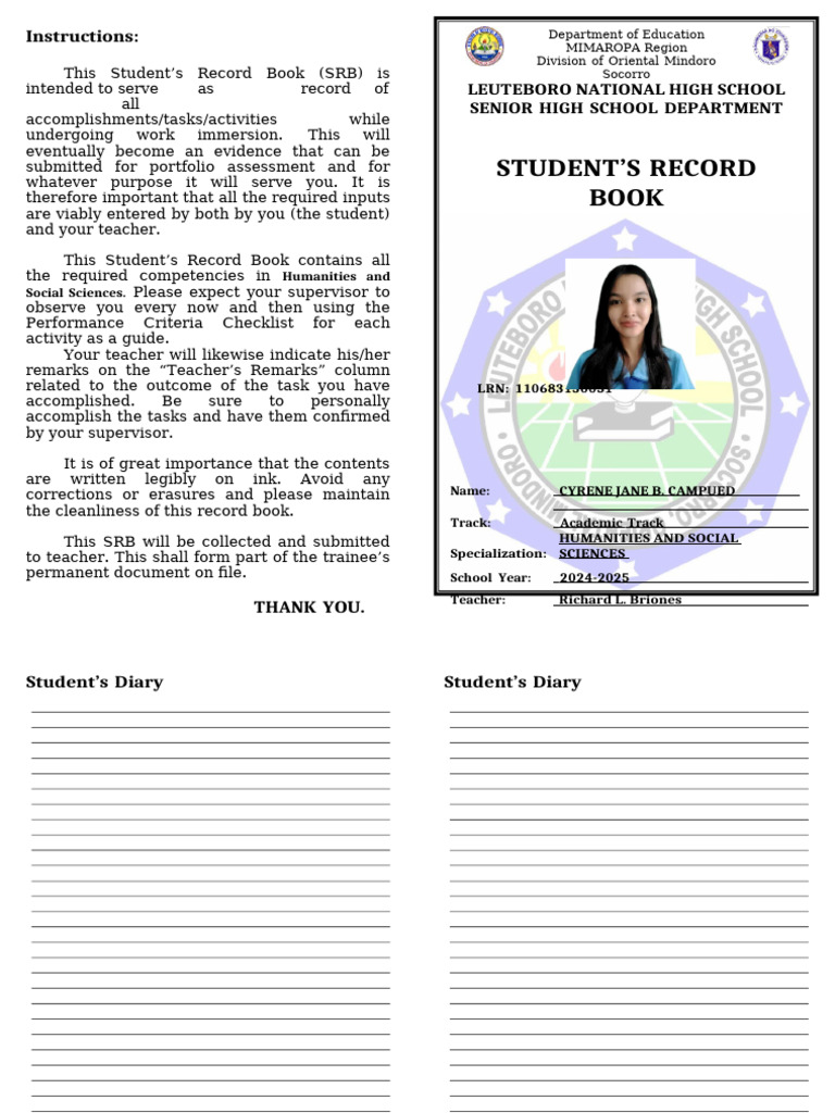 Students Record Book Humss Campued | PDF