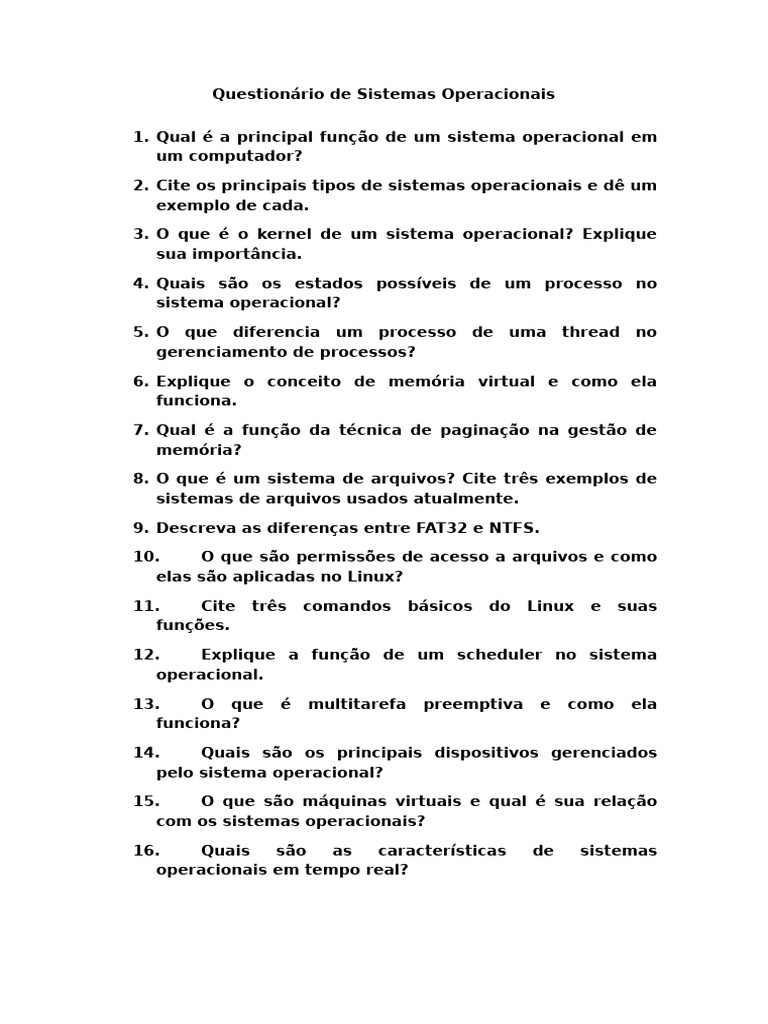 Questionário de Sistemas Operacionais | PDF