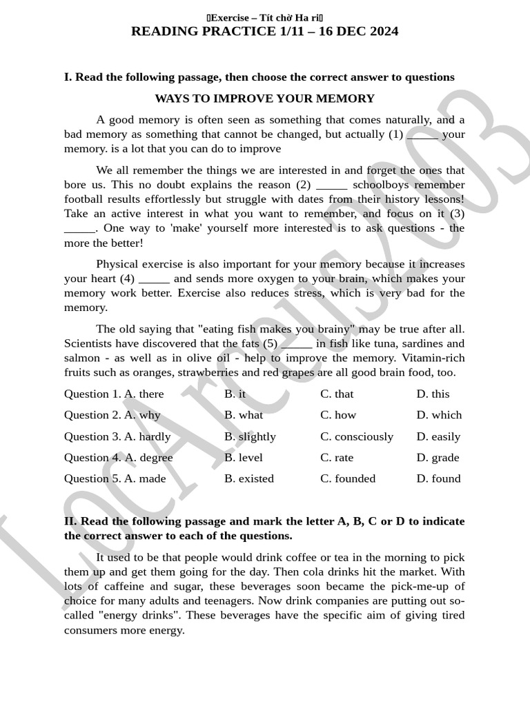 READING PRACTICE 1 CLASS 11 | PDF | Drink | Memory