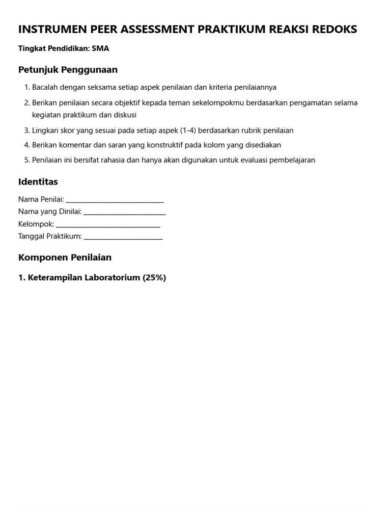 Instrumen Peer Assessment Praktikum Reaksi Redoks SMA | PDF