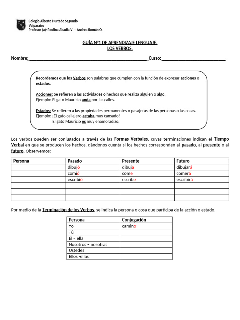 Guía de Aprendizaje: Verbos en Lenguaje | PDF | Verbo | Mecánica del ...