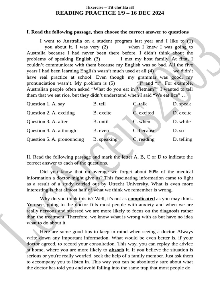 Reading Practice 1 Class 9 | PDF