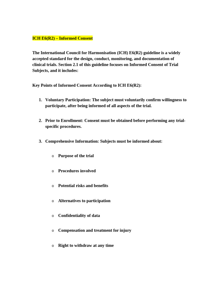 ICH E6(R2) Informed Consent Guidelines | PDF | Informed Consent ...