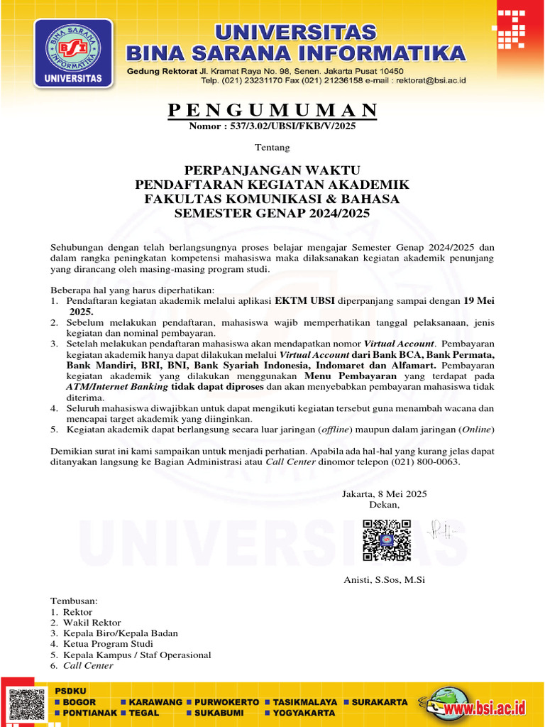 Edaran Perpanjangan Pendaftaran Kegiatan Akademik Mahasiswa Genap 2024 2025 FKB | PDF