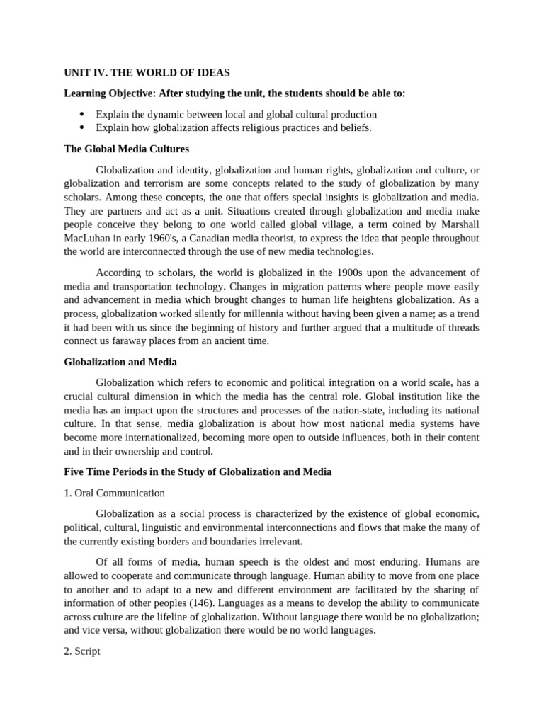 Unit Iv World of Ideas Module | PDF | Globalization | Mass Media