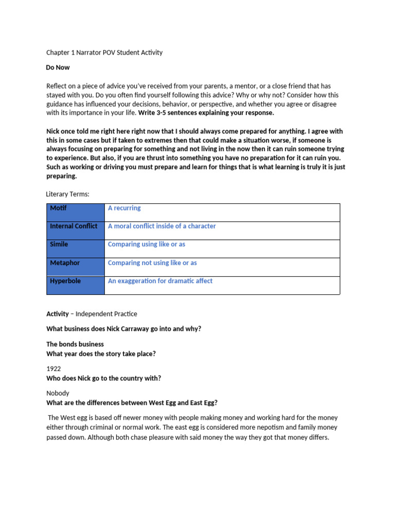 Chapter 1 Narrator POV Student Activity | PDF