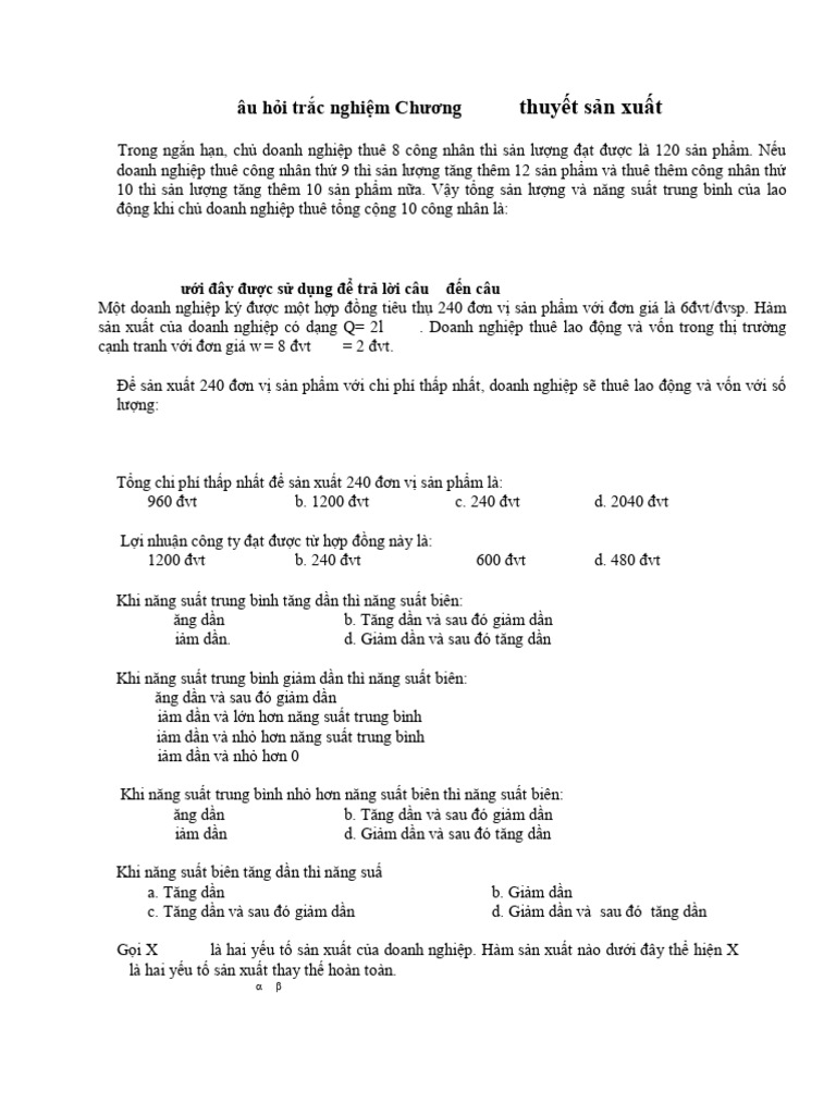 Lý thuyết sản xuất: Câu hỏi trắc nghiệm Chương 6 | PDF