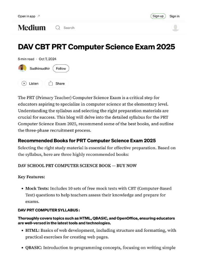DAV CBT PRT Computer Science Exam 2025 - by Sudhirsudhir - Medium | PDF