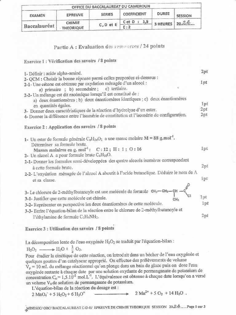 Bac CD 2024 Chimie Theorique | PDF