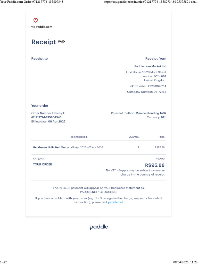 Your Paddle - Com Order #71217774-135807343 | PDF | Receipt | Banking