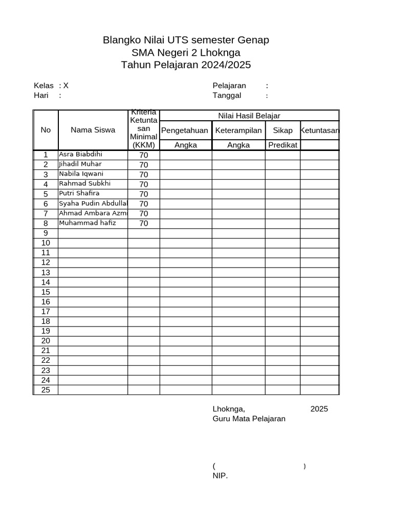 Blangko Nilai UTS SMT Genapl 24-25 | PDF