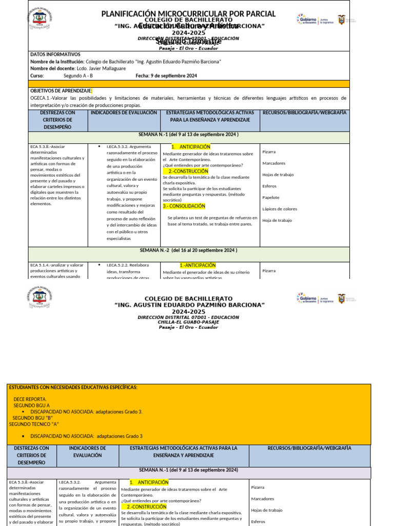 PLANIFI DE ECA SEGUNDO A Y B 2 Semnanas Del 9 Al 20 de Sep | PDF | Aprendizaje | Enseñando