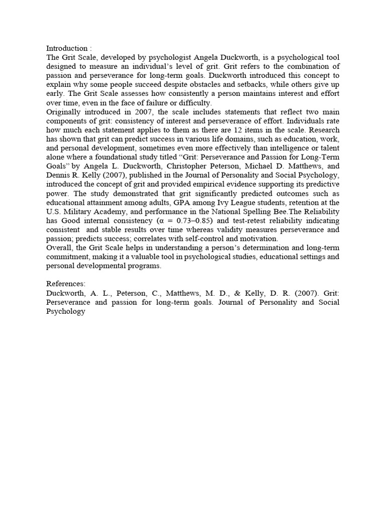 Grit Scale: Measuring Passion and Perseverance | PDF