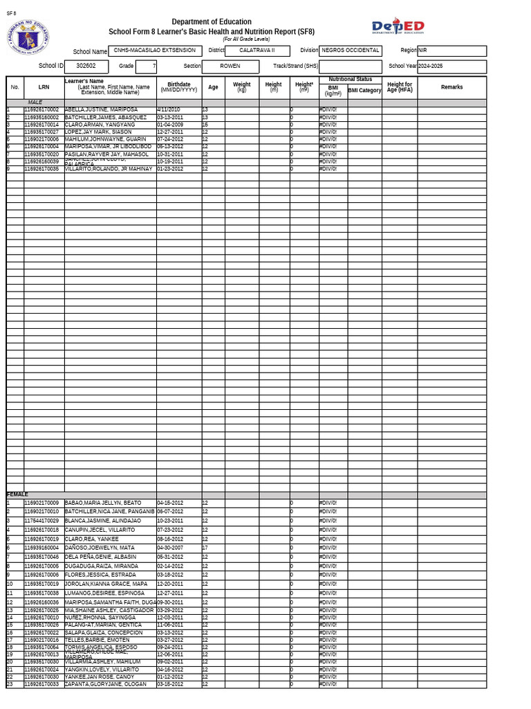 School Form 8 SF8 Learner Basic Health and Nutrition Report - MACASILAO ...