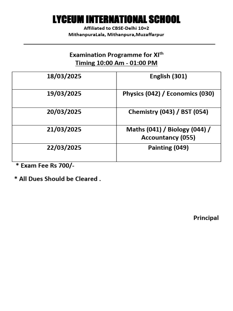 XI Exam Date Sheet | PDF