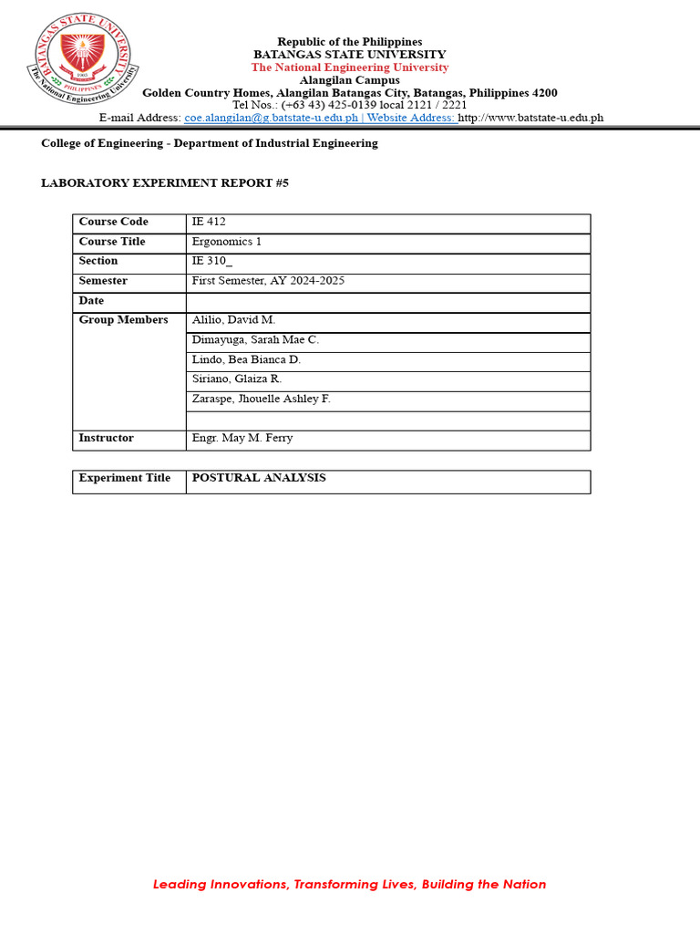 IE412 LabExp5 Postural Analysis | PDF | Musculoskeletal System