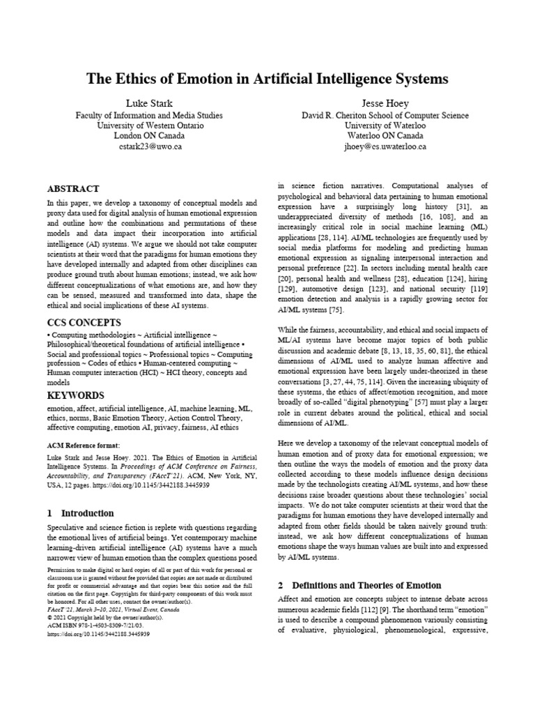 The Ethics of Emotion in Artificial Intelligence Systems | PDF ...