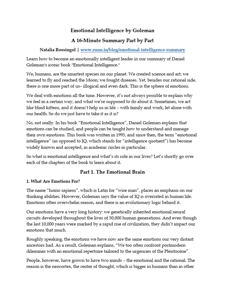 Emotional Intelligence by Goleman Summary | PDF | Emotions | Intelligence