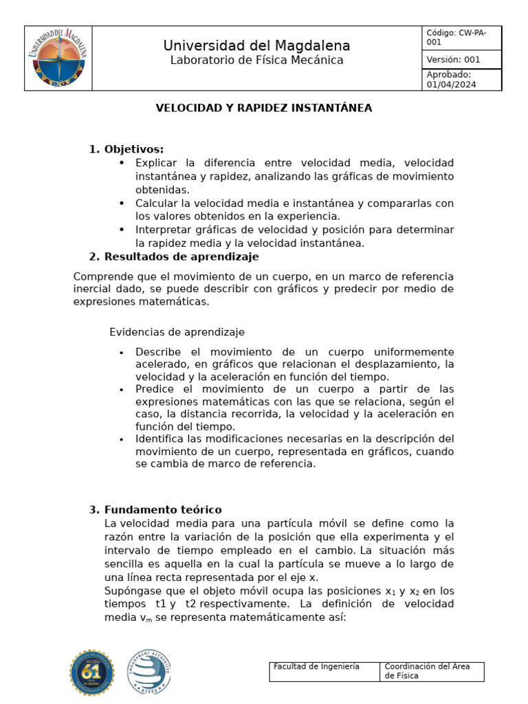 Velocidad y Rapidez Instantánea Laboratorio A Realizar | PDF ...