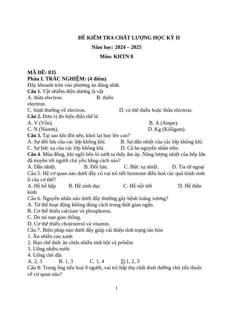 ĐỀ KT HK2- KHTN 8 | PDF