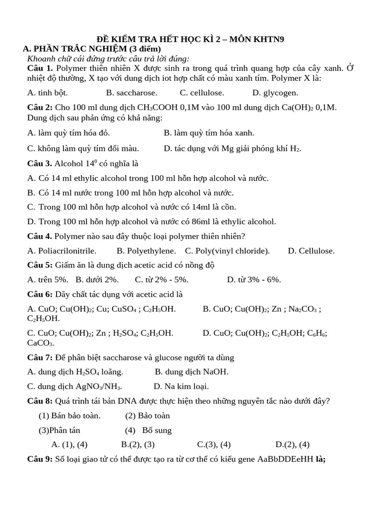 ĐỀ KT HK2- KHTN 9 | PDF