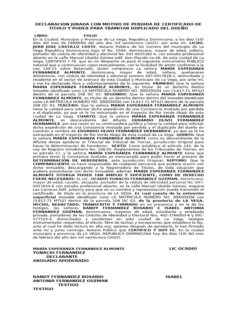 Declaracion Jurada Con Motivo de Perdida de Certificado de Titulo y Poder para Tramitar ...