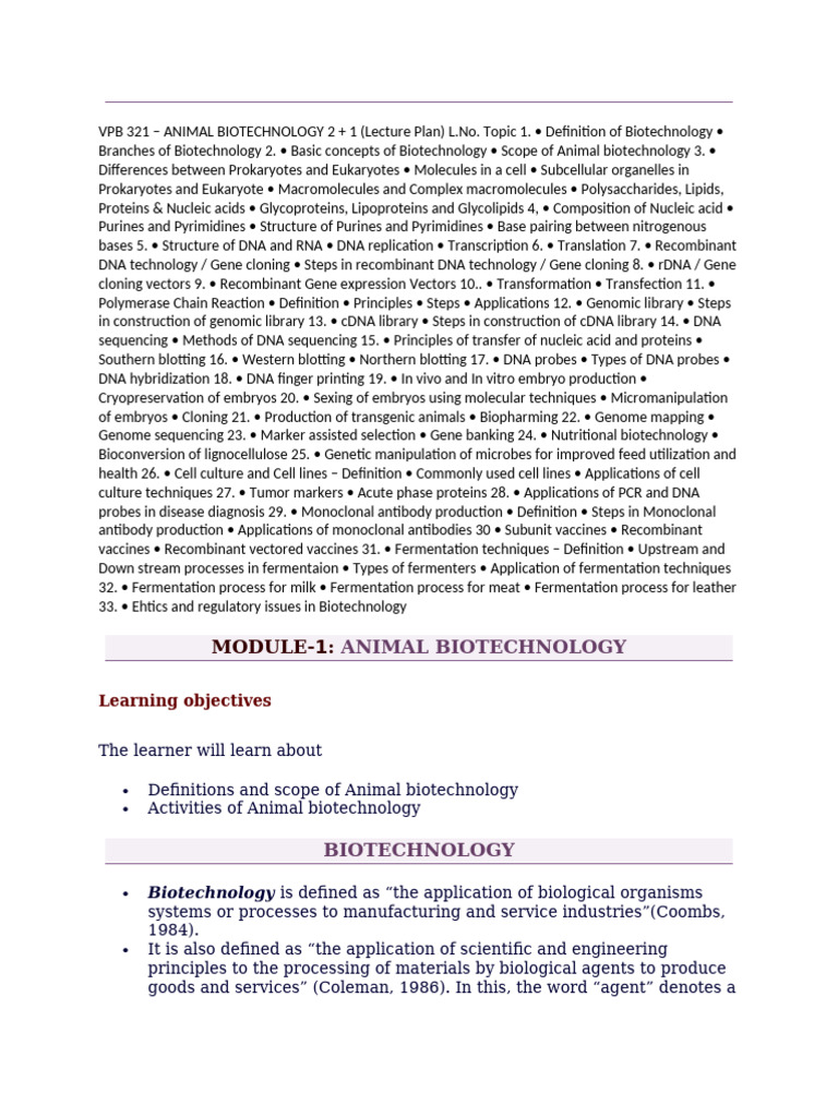 Animal Biotechnology Lecture Plan | PDF | Ribosomal Rna | Rna
